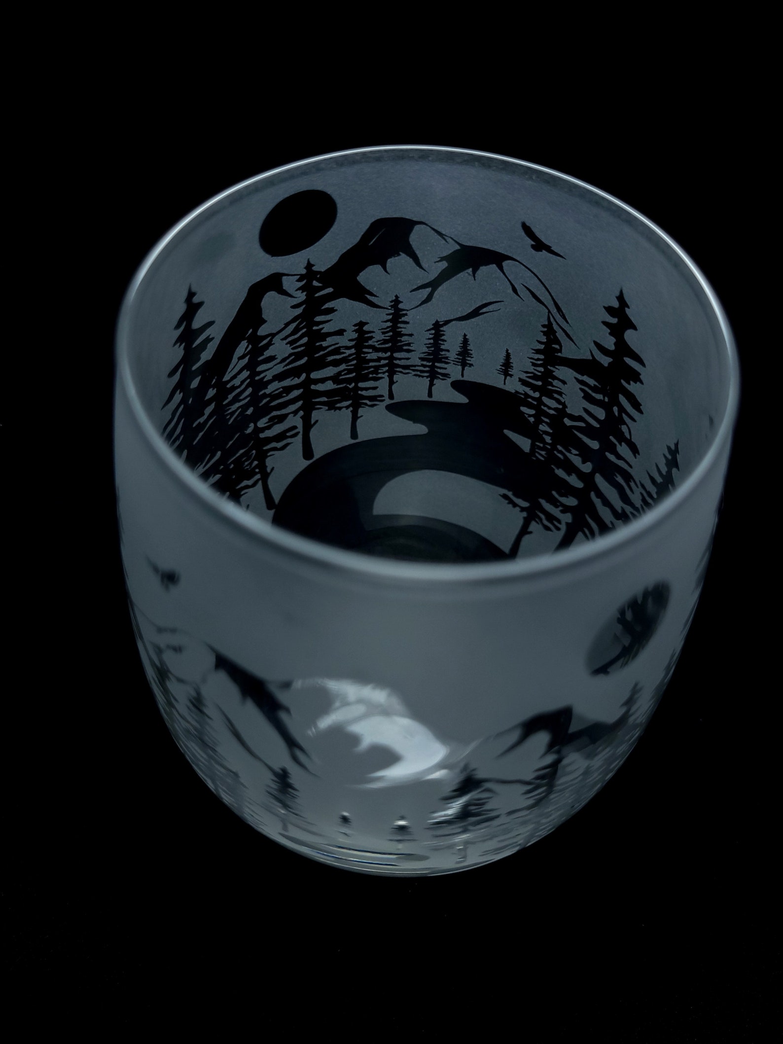 Etched Nature Lover Stemless Wine Glass, River Mountain, Etched ...