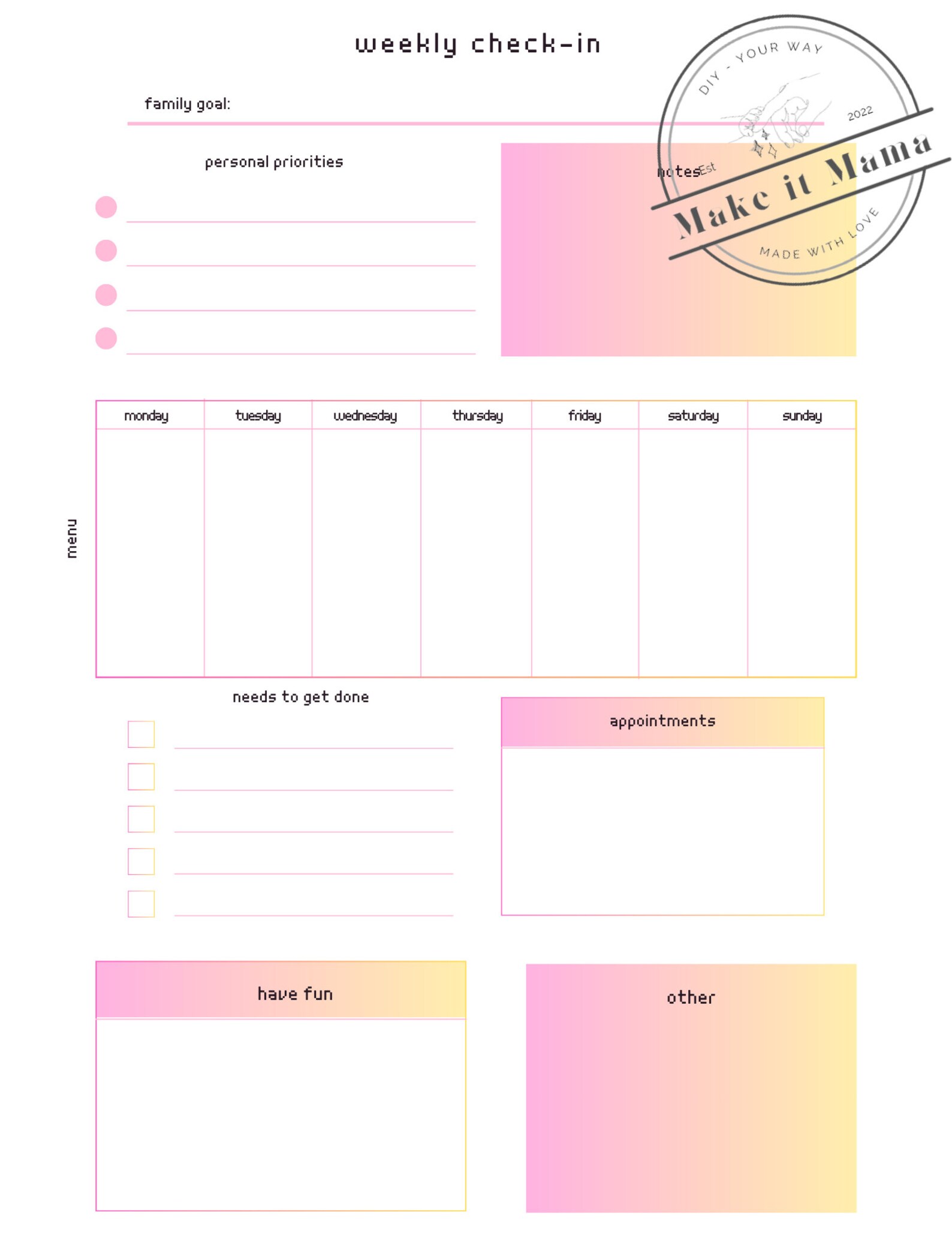 Weekly Check in Template / Printable PDF / Family Weekly Check in ...