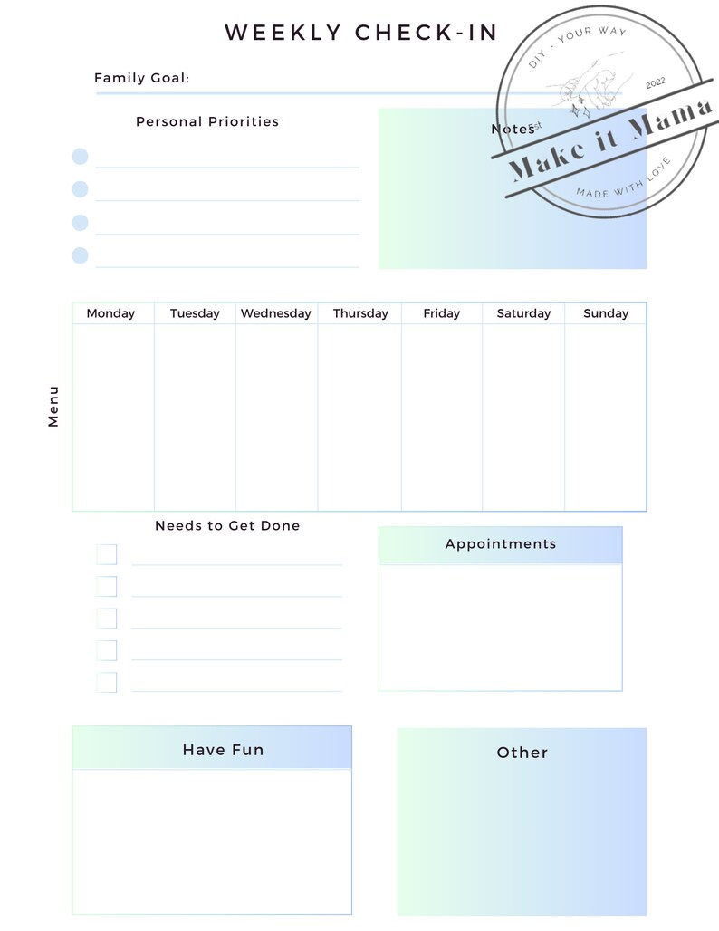 Weekly Check in Template / Printable PDF / Family Weekly Check in ...