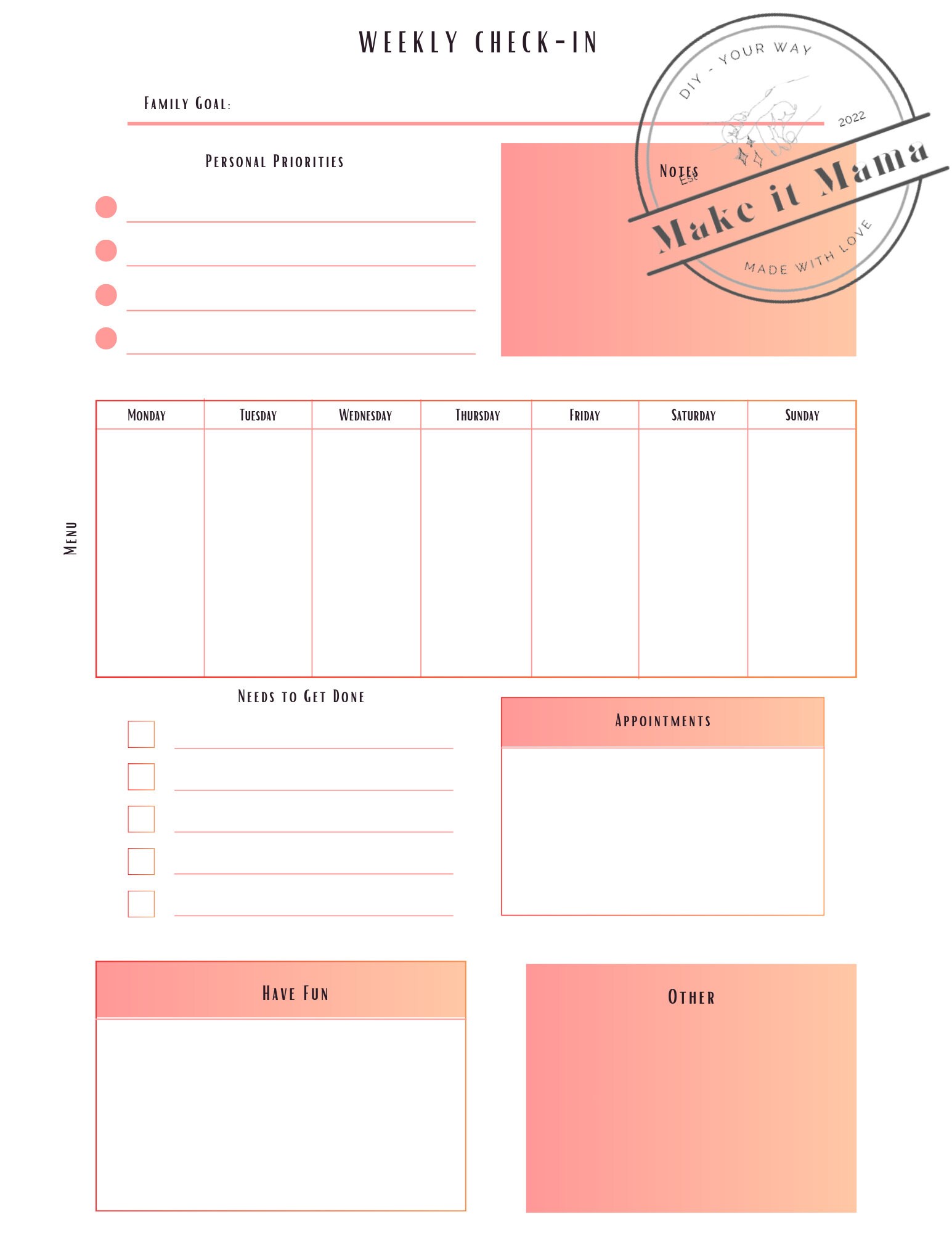 Weekly Check in Template / Printable PDF / Family Weekly Check in ...