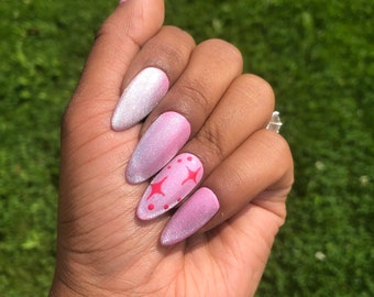 Pink Shimmer Moon & Stars Press on Gel Nails Celestial Nails - Etsy