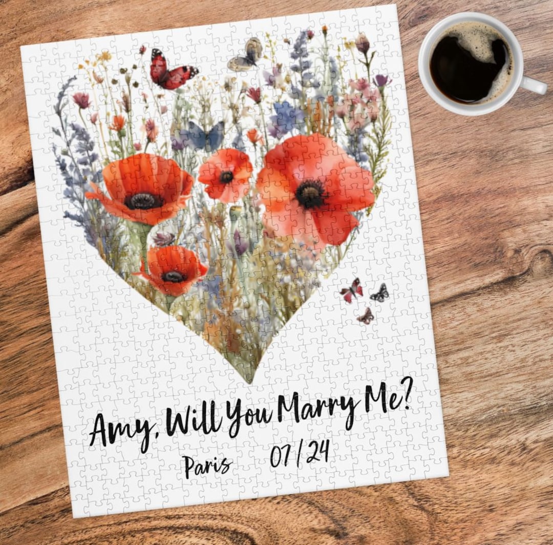 Personalized Will You Marry Me Poppy Floral Heart Puzzle Custom Marry ...