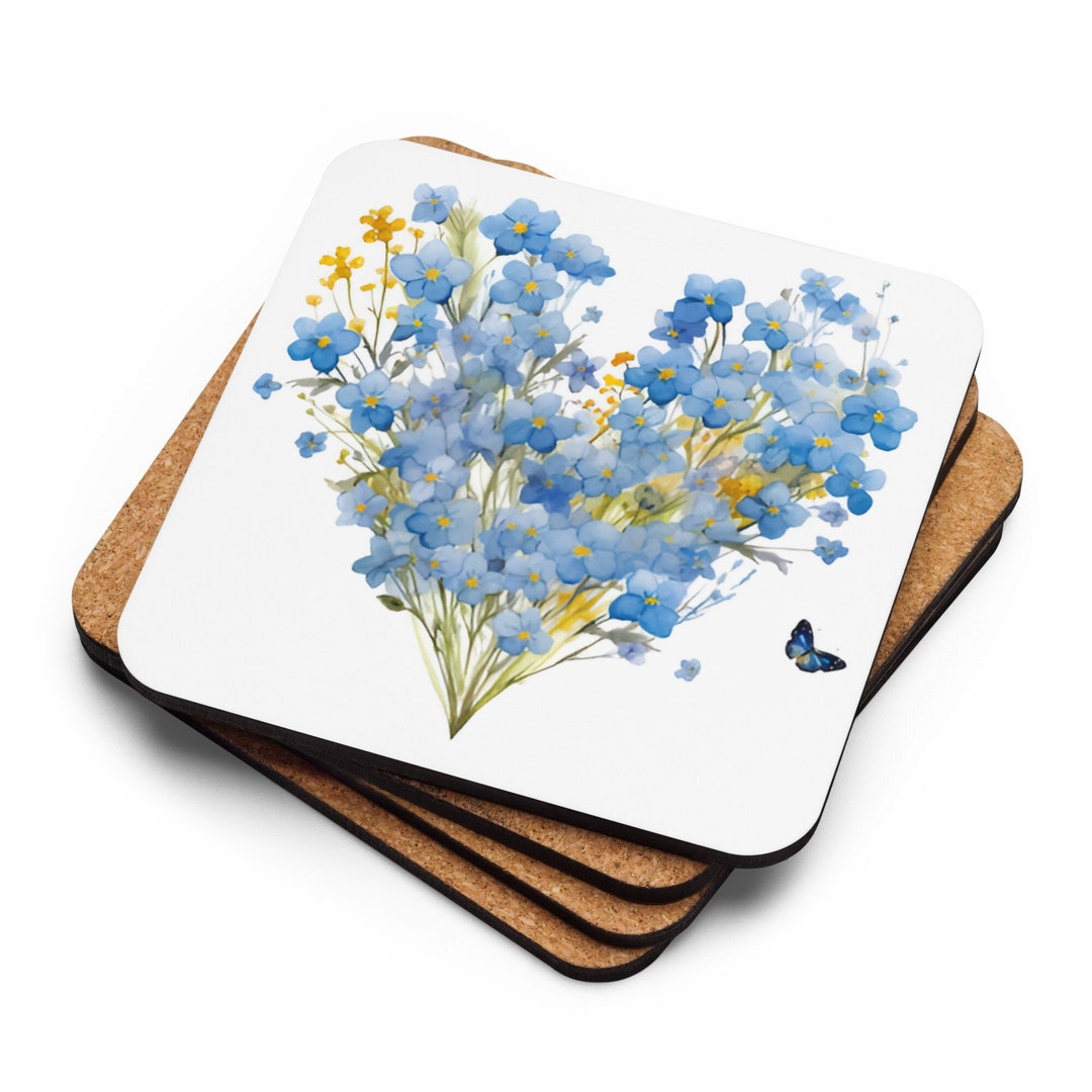 Forget Me Not Coaster, Floral Heart Cork-back Coaster, Heat-resistant ...