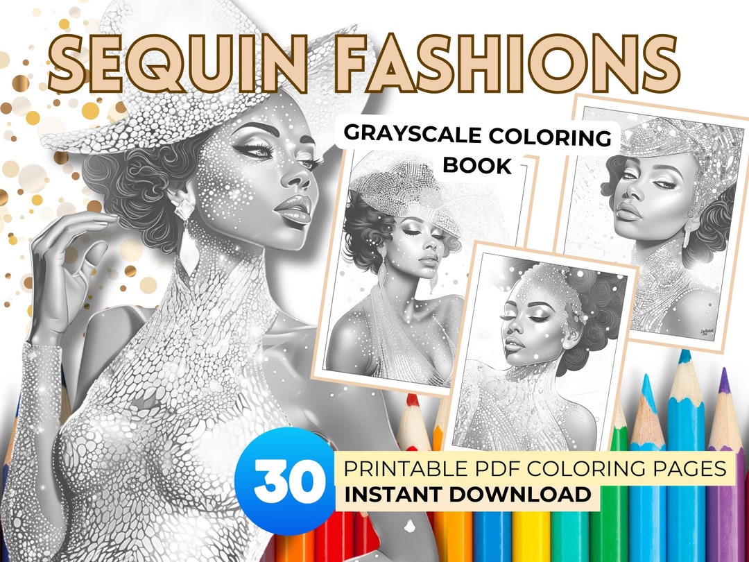 30 Black Women Sequin Fashions Grayscale PDF Adult Coloring Book Pages ...
