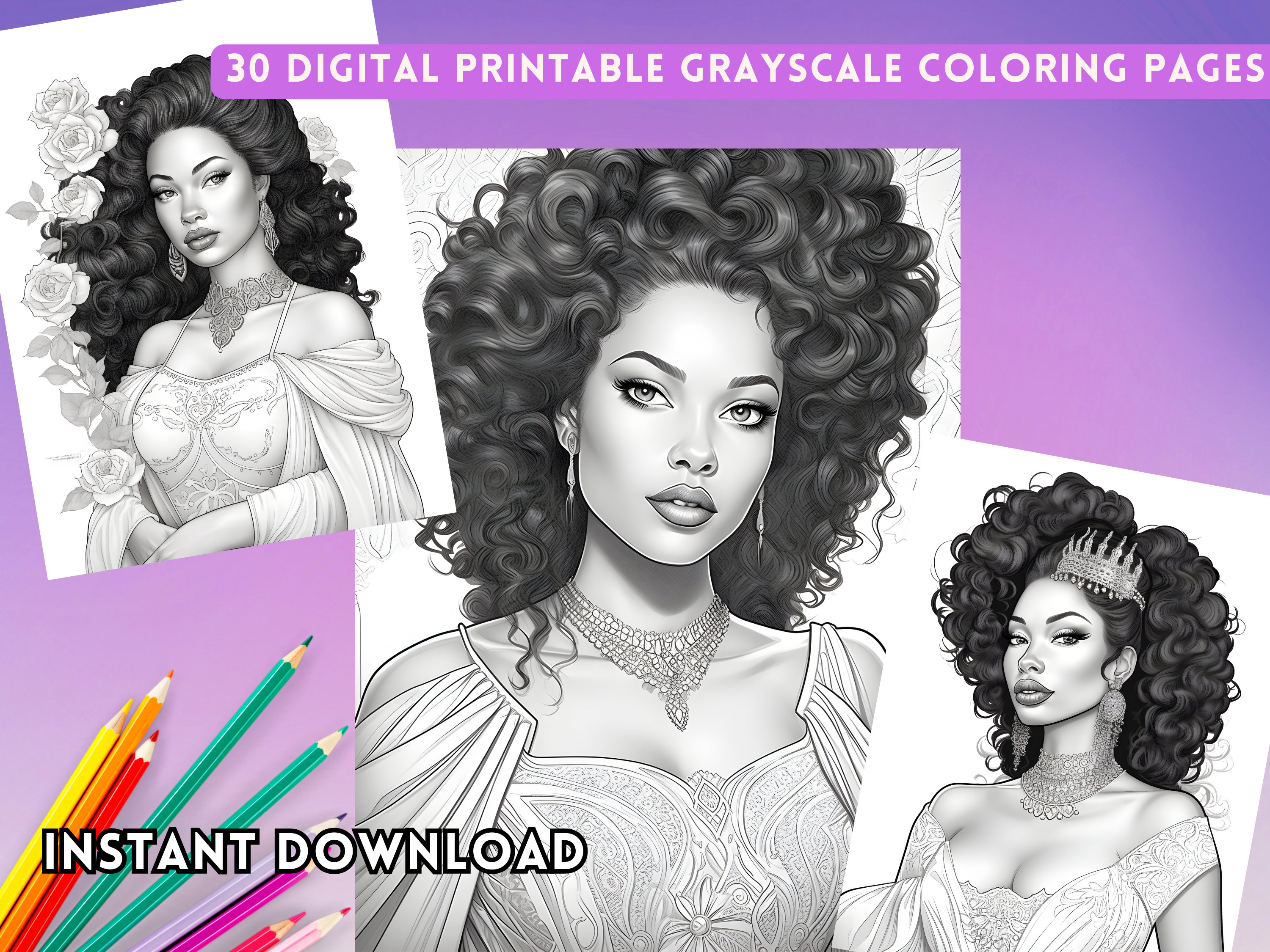 Black Princess Coloring Book, 30 Adult Coloring Pages of Black Women as ...