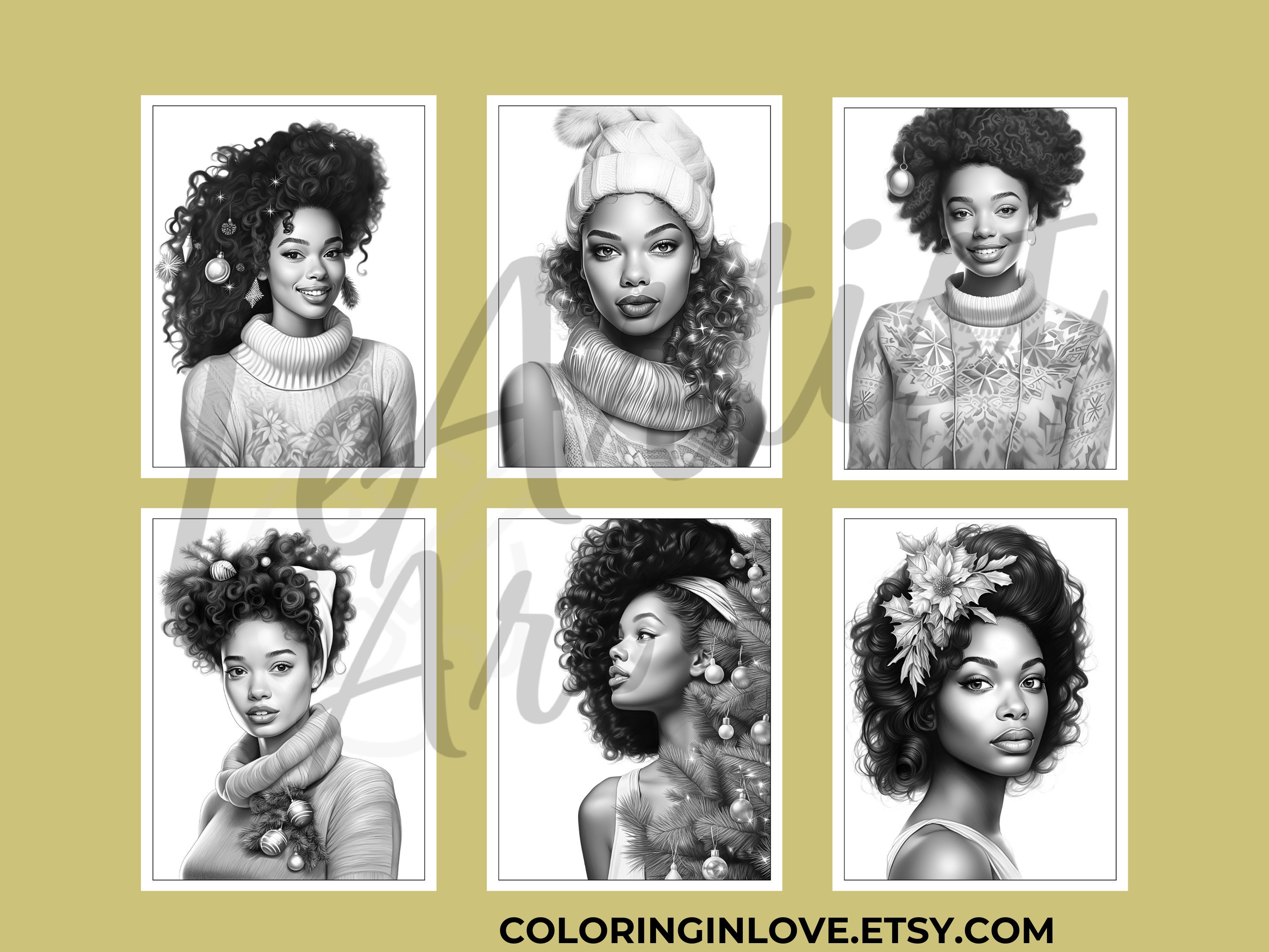 40 Page Black Women Christmas Grayscale Coloring Book Pages, Digital ...