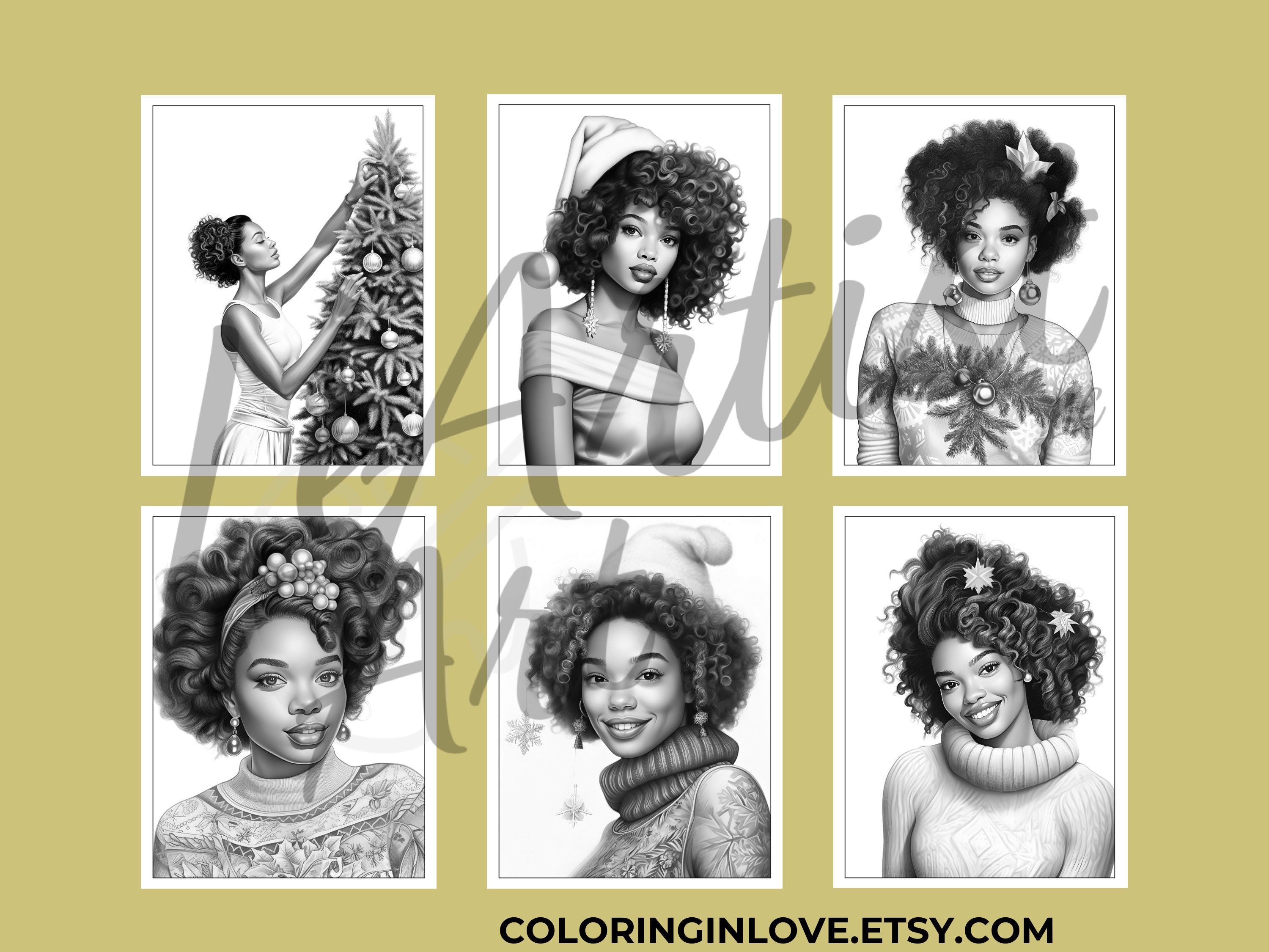 40 Page Black Women Christmas Grayscale Coloring Book Pages, Digital ...
