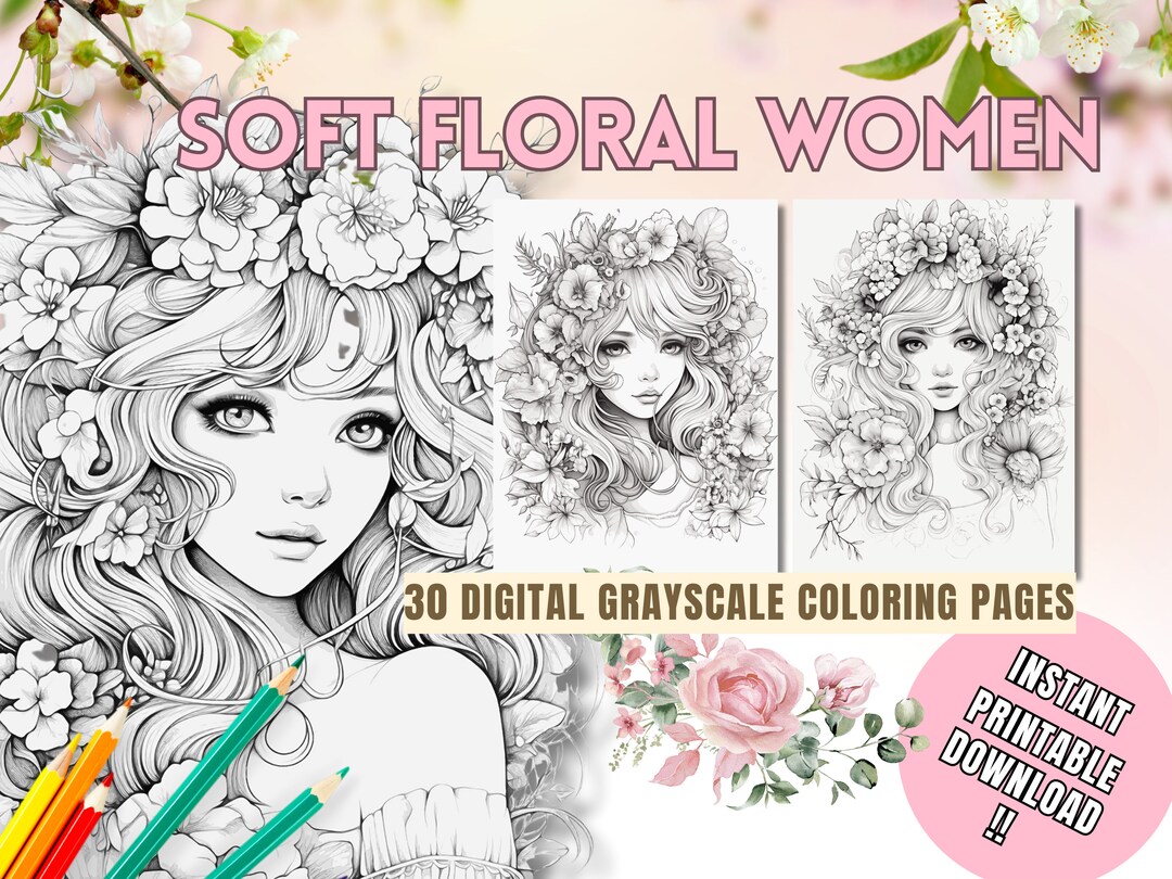 Floral Headpiece Anime Women Adult Coloring Book Pages | 30 Grayscale ...