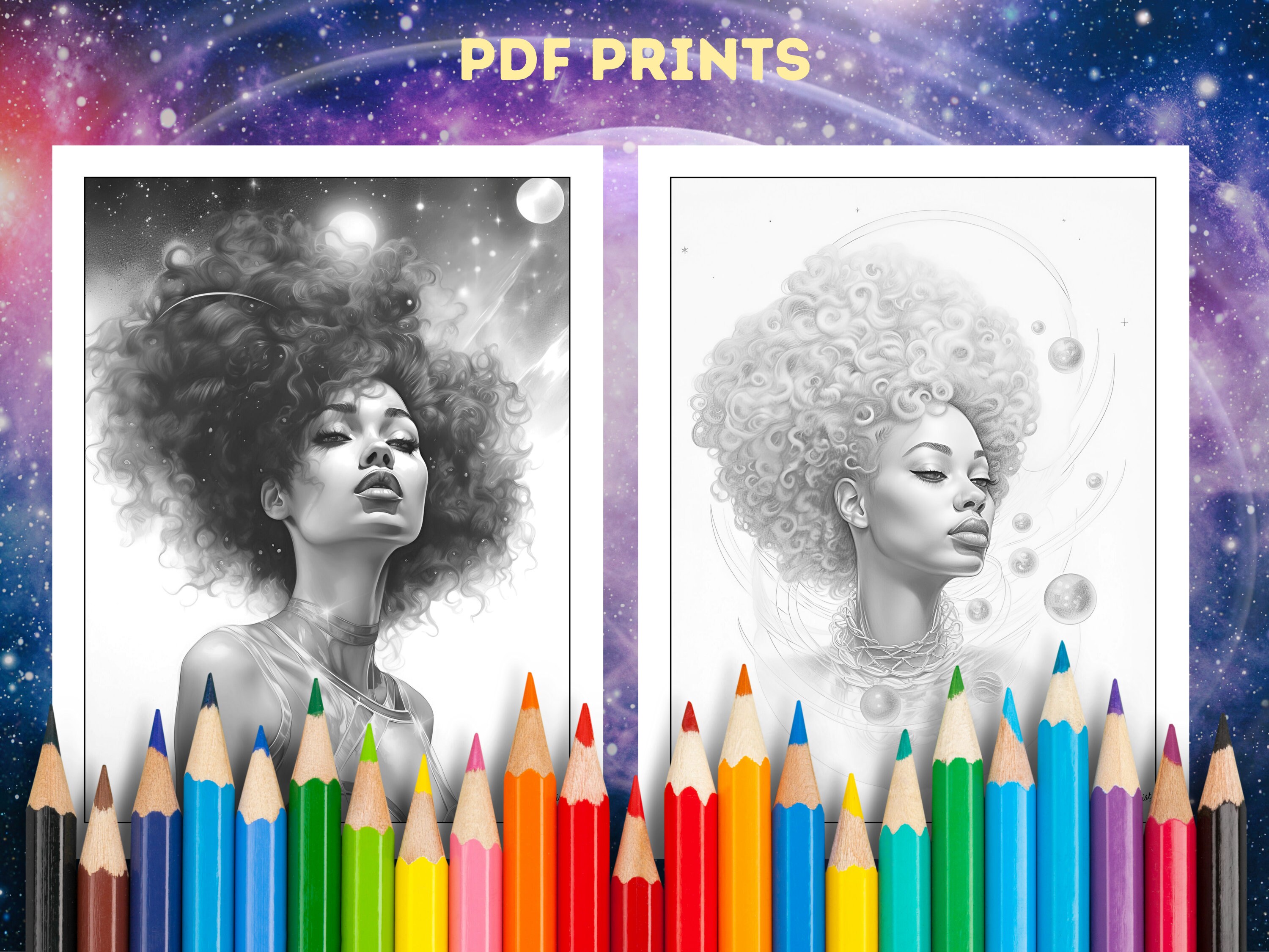 40 Page Black Women Outer Space Grayscale Coloring Book, Adult Coloring ...