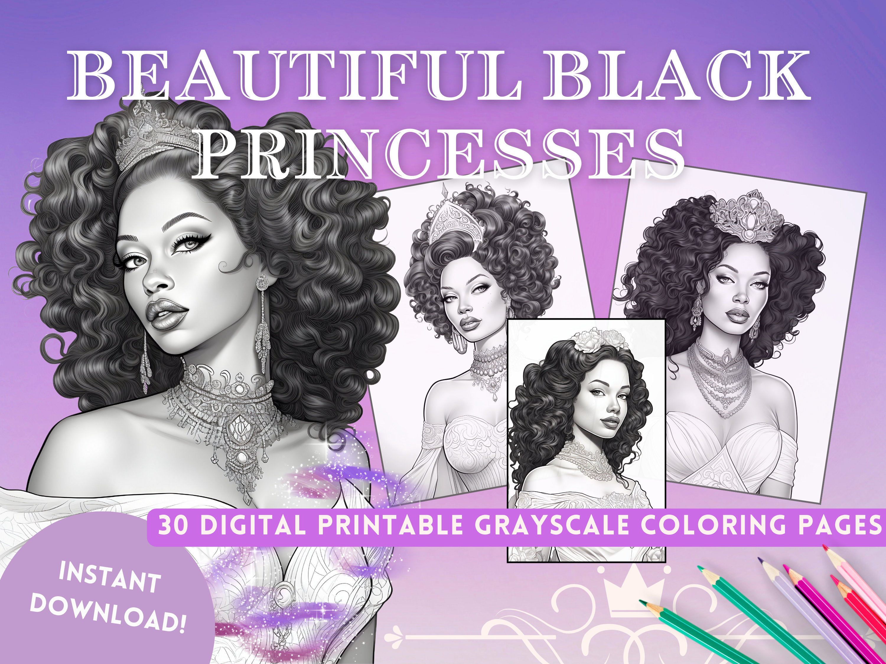 Black Princess Coloring Book, 30 Adult Coloring Pages of Black Women as ...