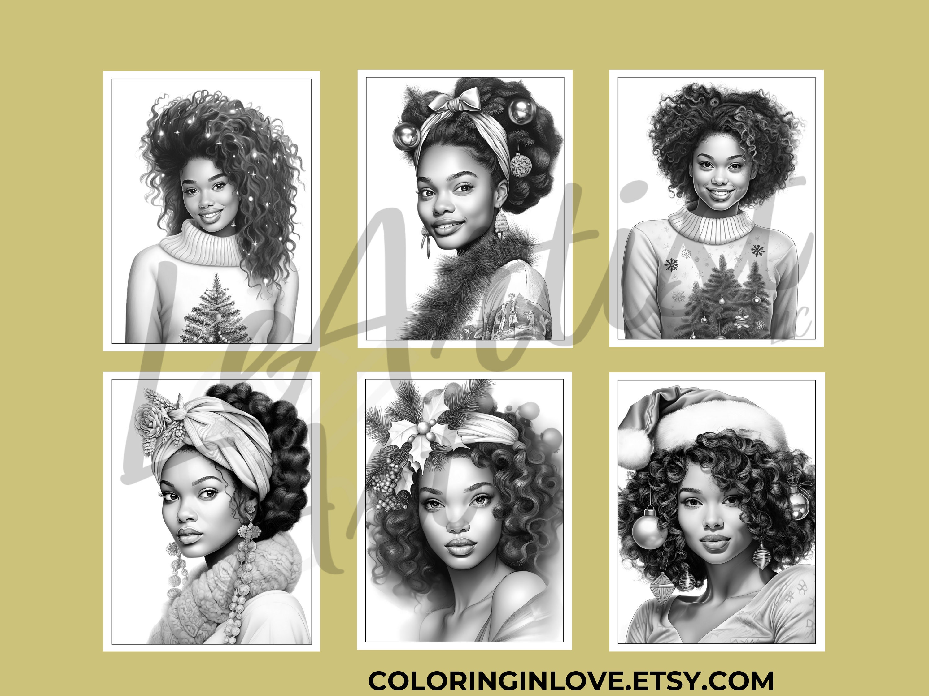 40 Page Black Women Christmas Grayscale Coloring Book Pages, Digital ...