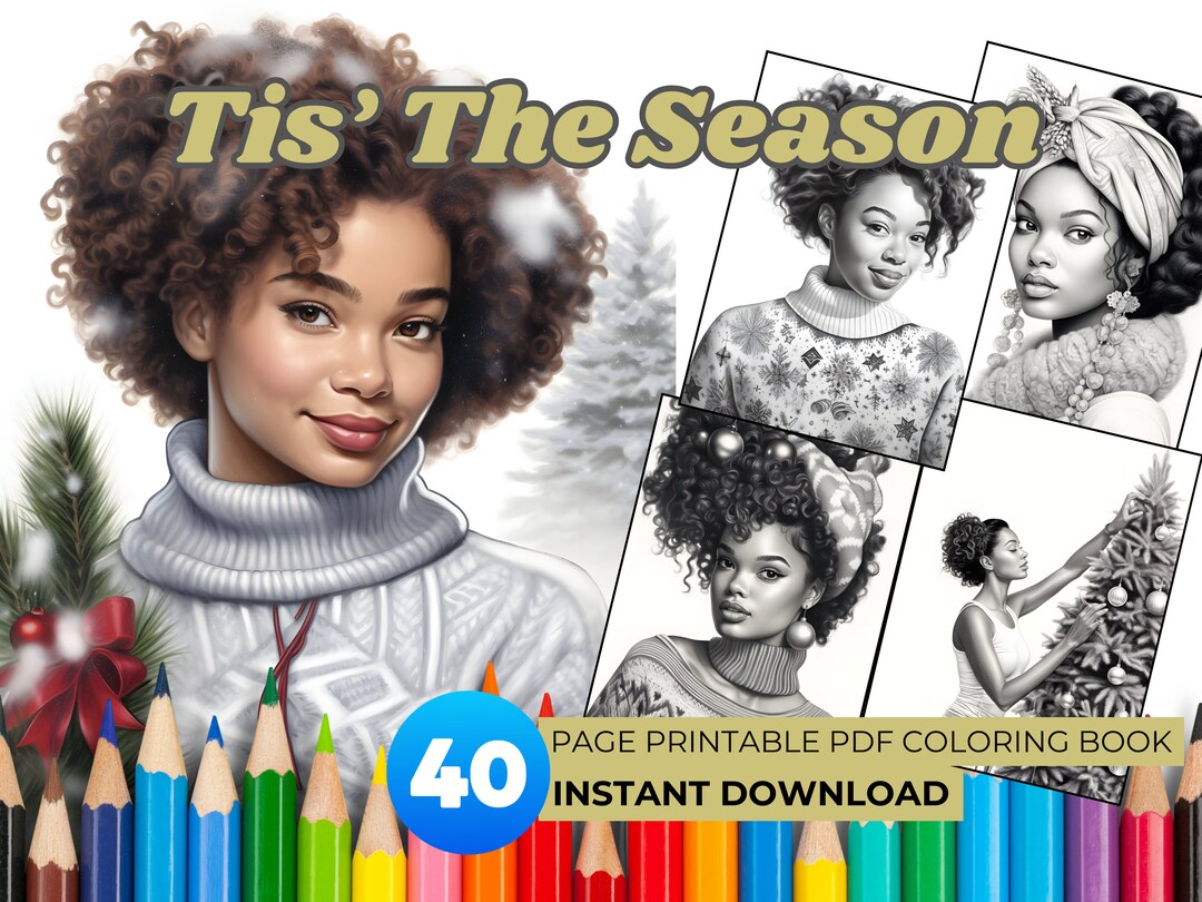 40 Page Black Women Christmas Grayscale Coloring Book Pages, Digital ...