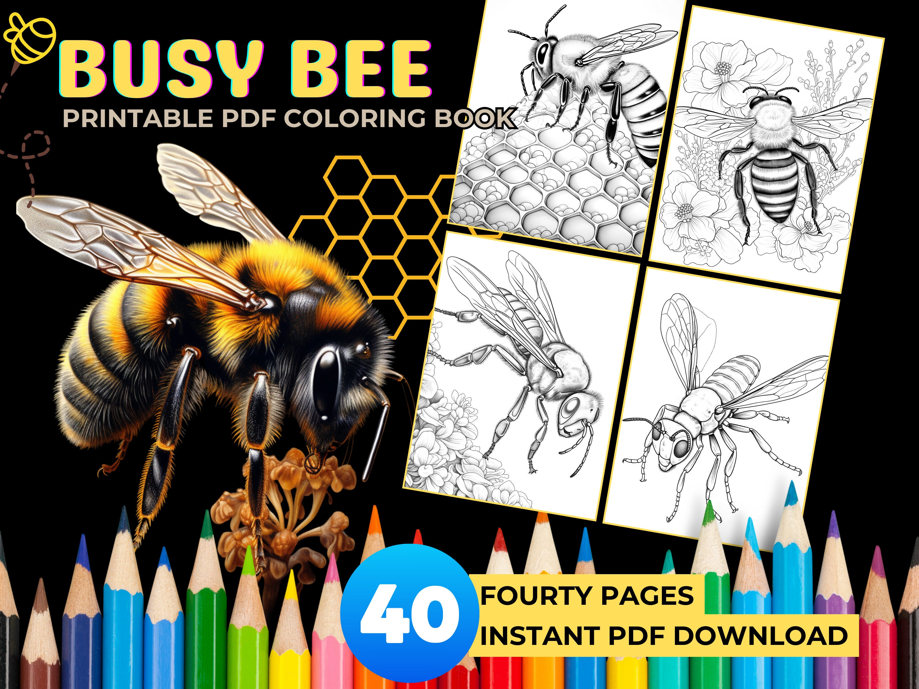 40 Bee Adult Coloring Book Pages, Adult Coloring Book Pages of Bees and ...