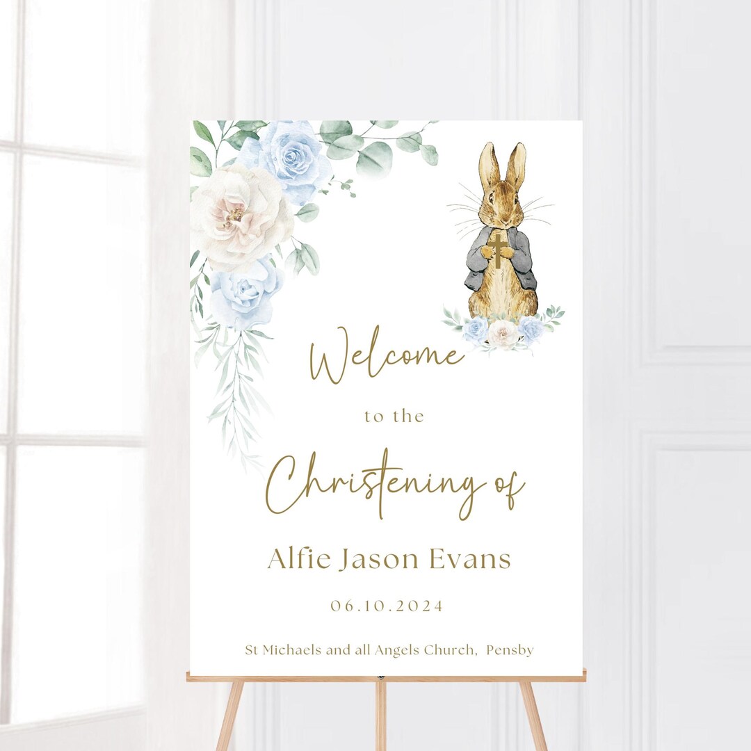 Personalised Blue Peter Rabbit Christening Welcome Sign Custom Boys ...