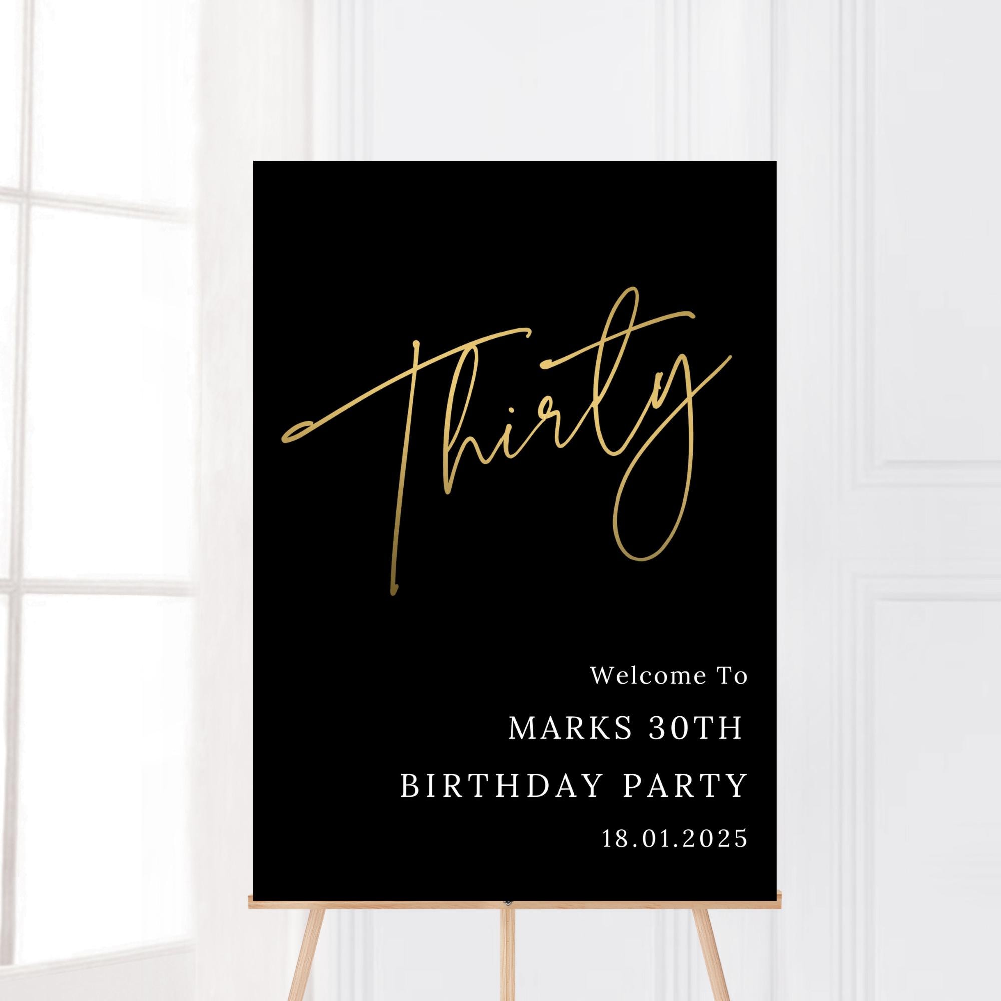 Personalised 30th Birthday Welcome Sign, Black and Gold Theme, Custom ...