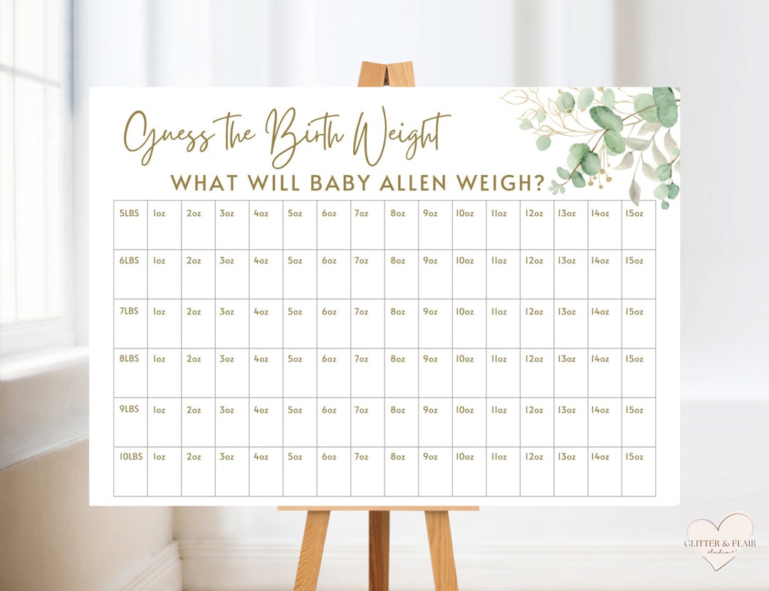 Custom Guess the Birth Weight Game Greenery and Gold Font Baby Shower ...