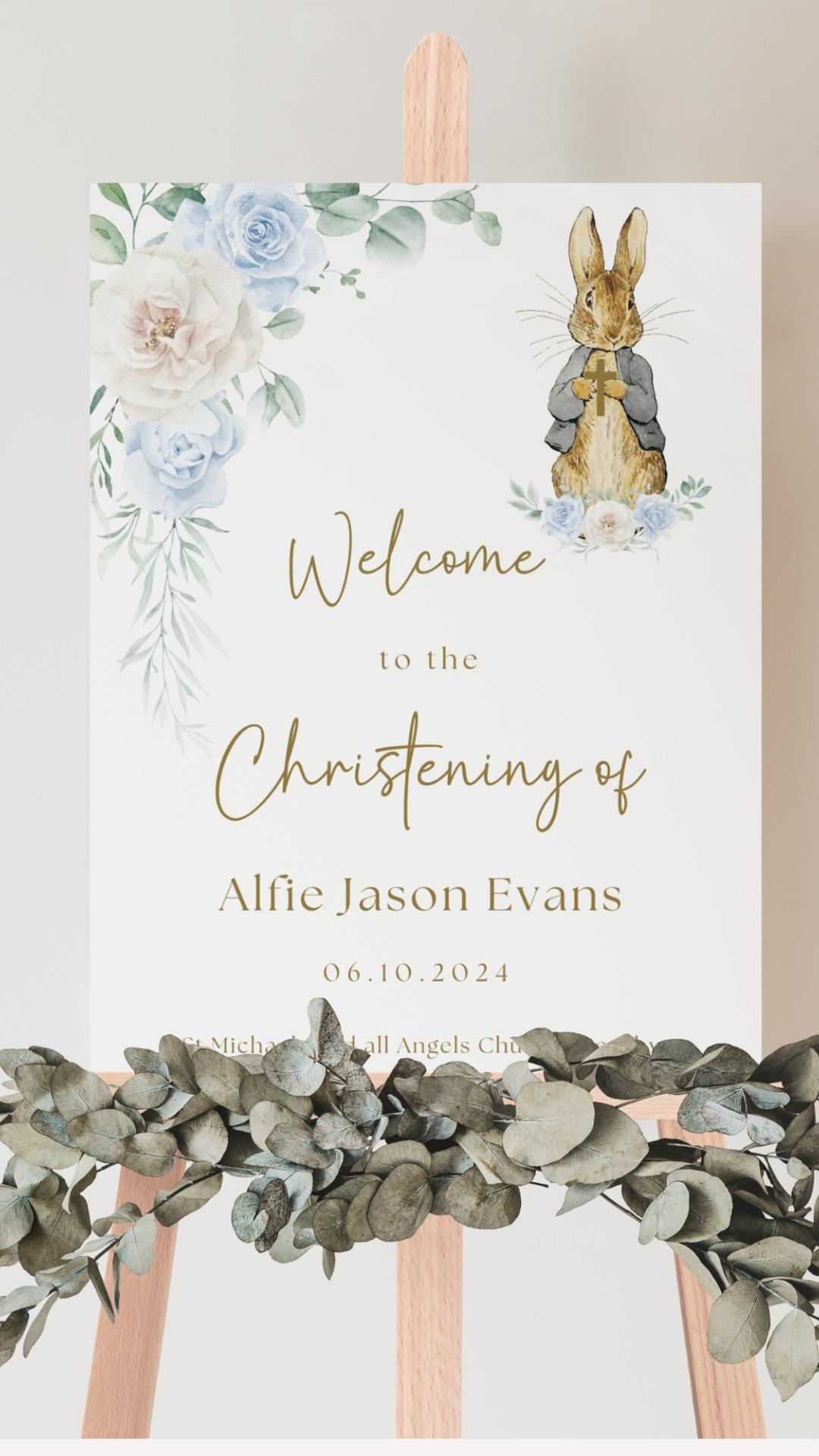 Personalised Blue Peter Rabbit Christening Welcome Sign Custom Boys ...
