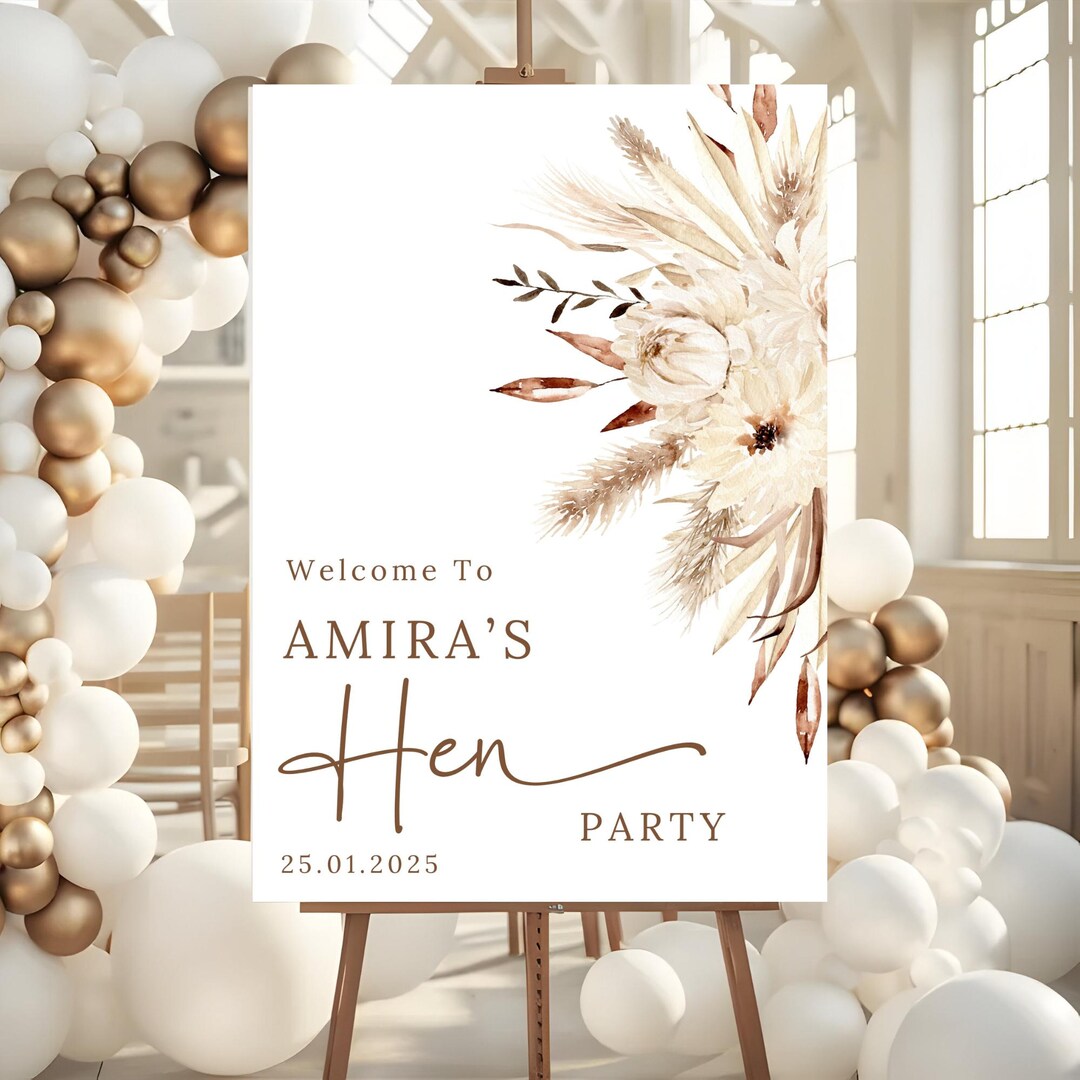 Custom Hen Party Welcome Sign Boho Pampas Floral Hen Do Welcome Poster ...
