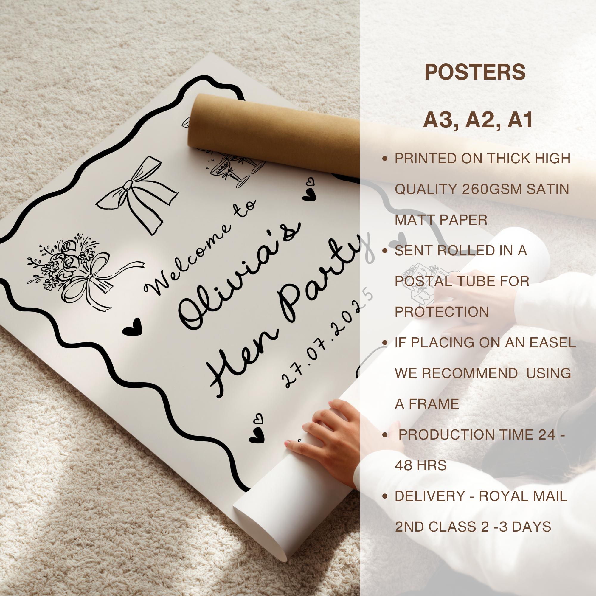 Custom Hen Party Poster Black and Beige Whimsical Hen Do Welcome Sign ...