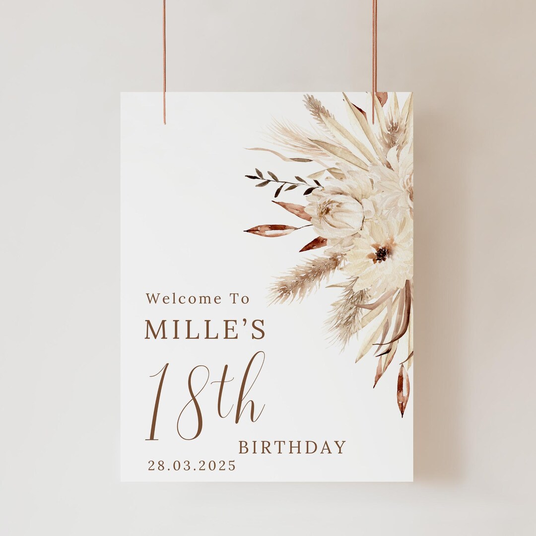 Personalised 18th Birthday Welcome Sign Pampas Grass Welcome Poster ...
