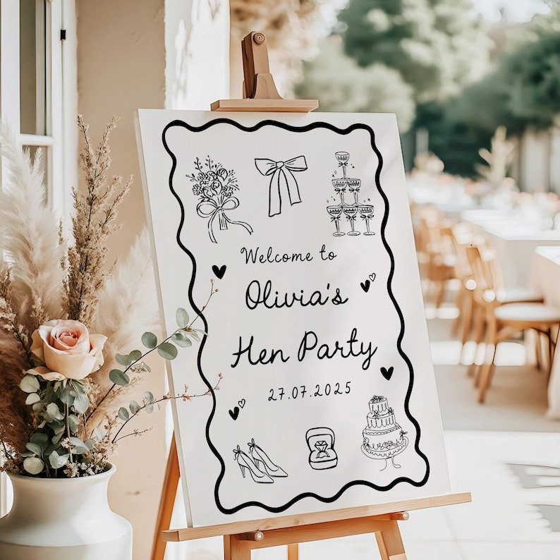 Custom Hen Party Poster Black and Beige Whimsical Hen Do Welcome Sign ...