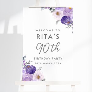 Custom 90th Birthday Party Welcome Sign, Purple Flowers Welcome Poster ...