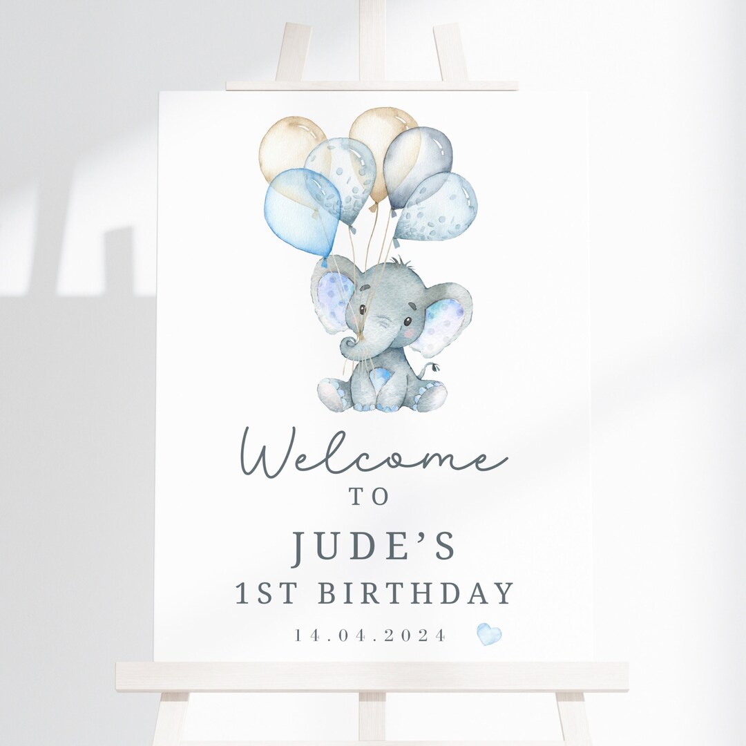 Personalised First Birthday Party Sign Blue Elephant 1st Birthday ...