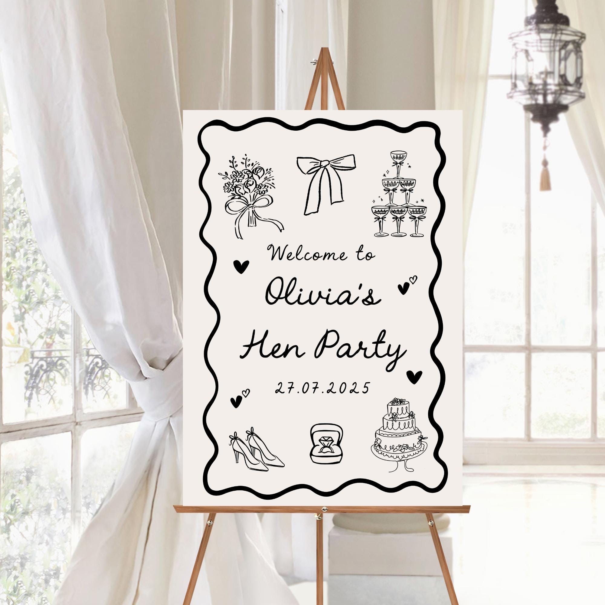 Custom Hen Party Poster Black and Beige Whimsical Hen Do Welcome Sign ...