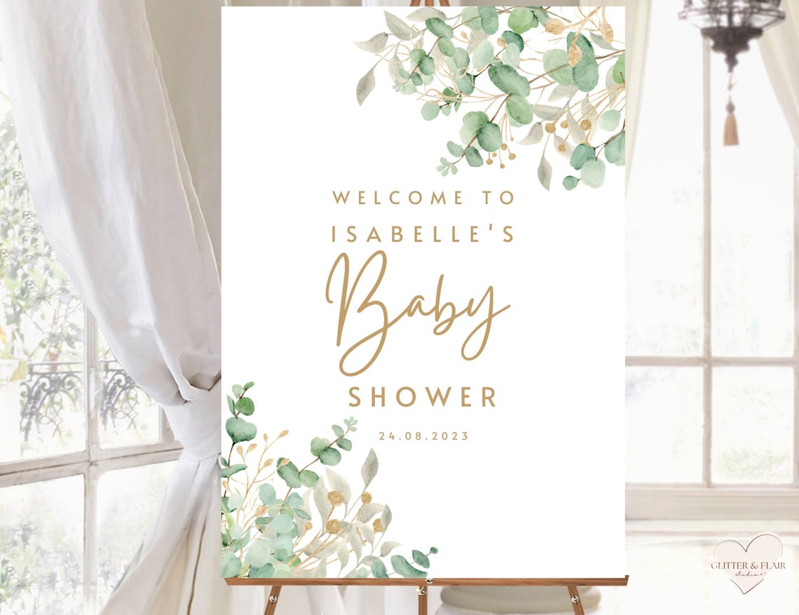 Custom Baby Shower Welcome Sign Eucalyptus and Gold Portrait - Etsy UK