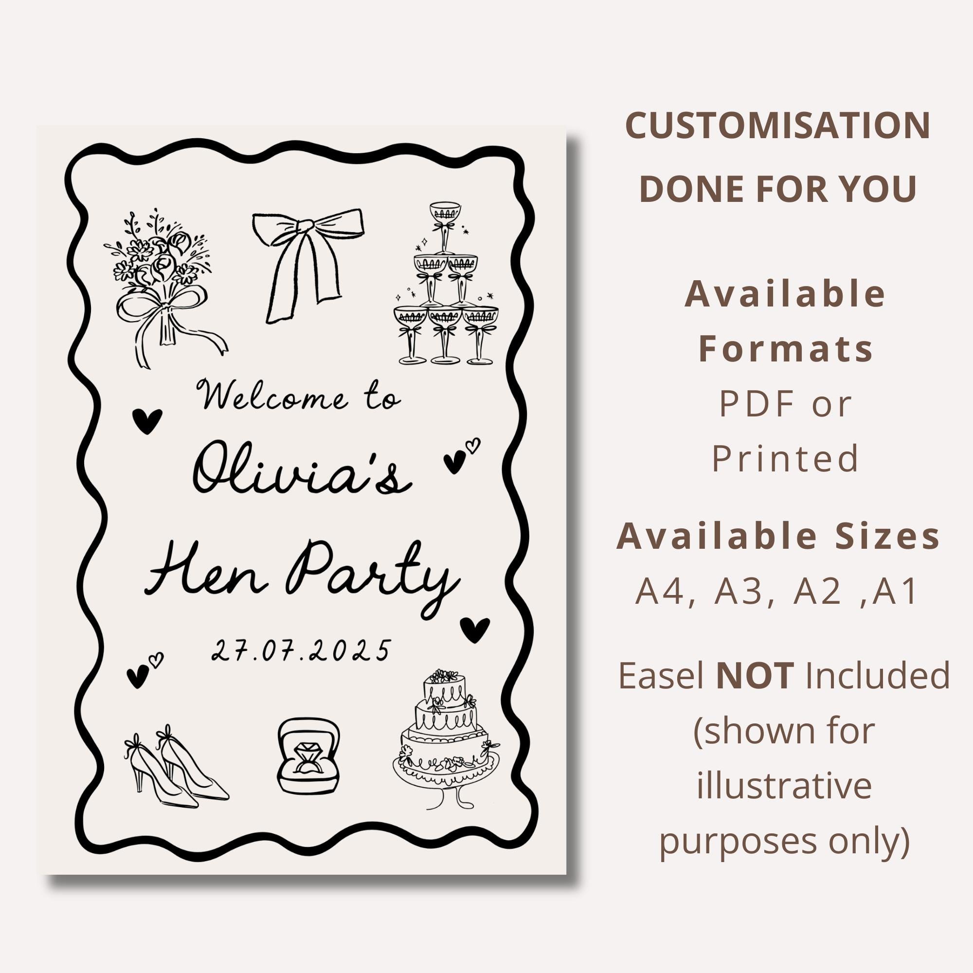 Custom Hen Party Poster Black and Beige Whimsical Hen Do Welcome Sign ...