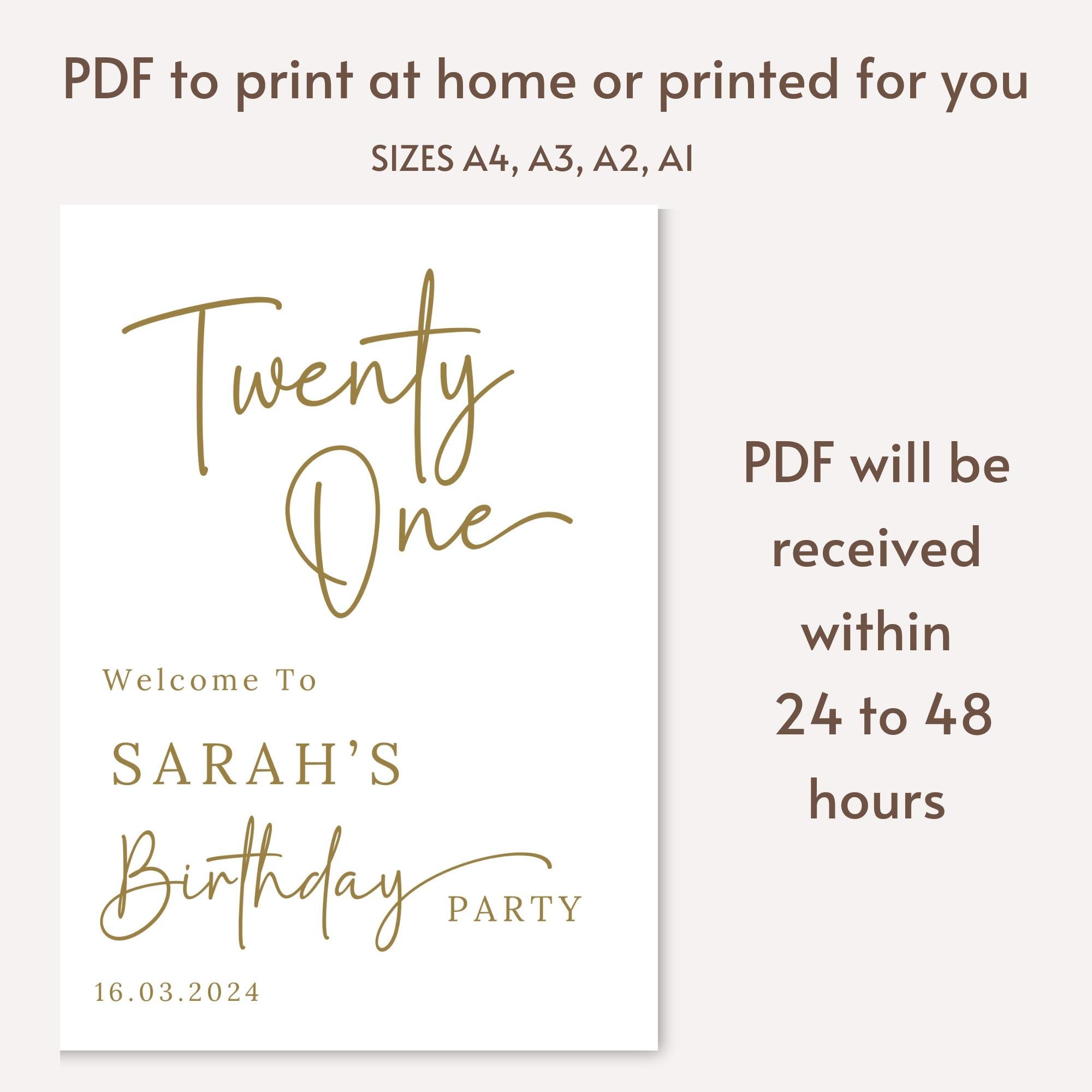 Custom 21st Birthday Party Sign Minimalist Design Gold Font PRINTED ...