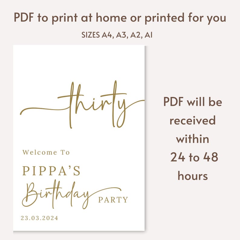 Personalised 30th Birthday Welcome Sign Minimalist Gold Trendy PRINTED ...