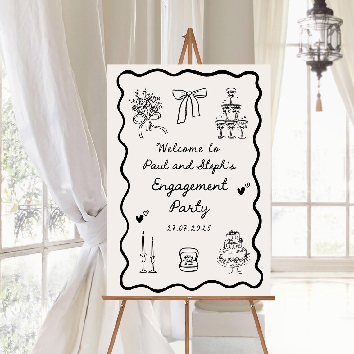 Personalised Engagement Party Welcome Sign Whimsical Black and Beige ...