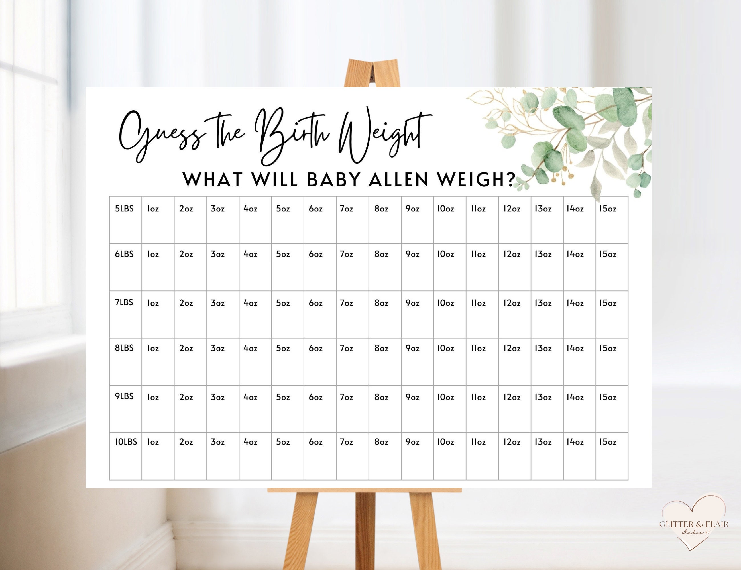Guess the Baby's Birth Weight Greenery and Gold Baby Shower Game Guess ...