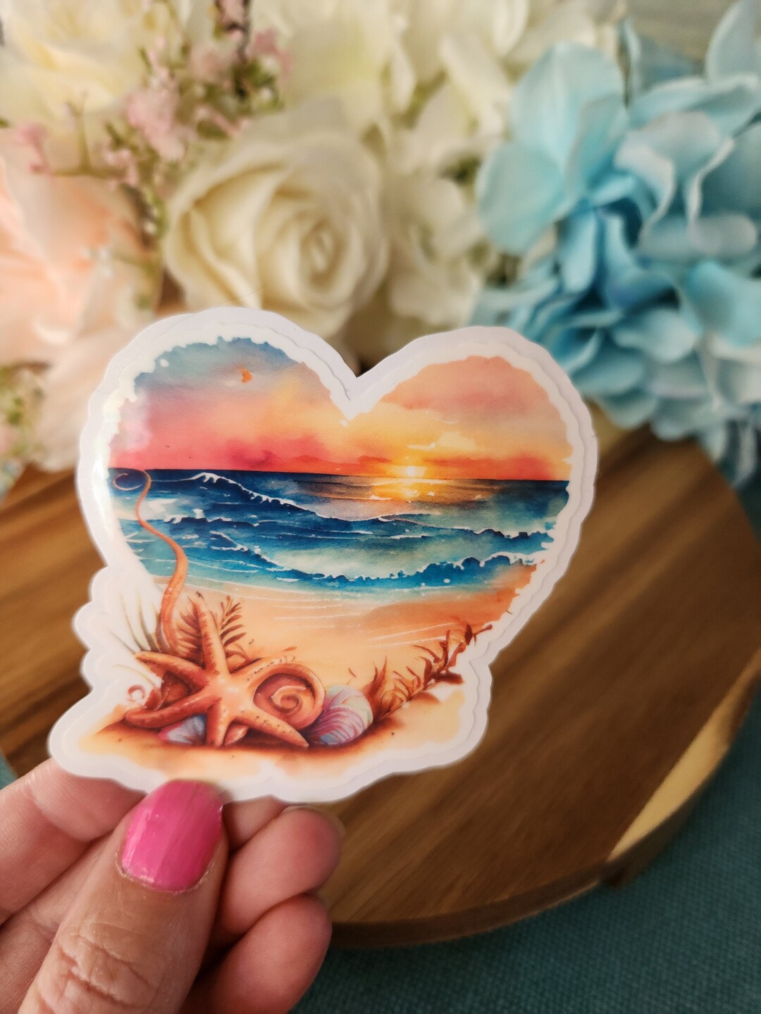 Beach Heart Sticker Set, Watercolor Beach Sticker for Water Bottle ...