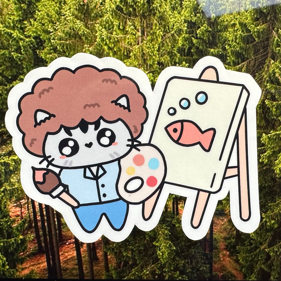 Bob Ross Cat Sticker, Funny Cat Stickers, Bob Ross Vinyl Sticker, Happy ...