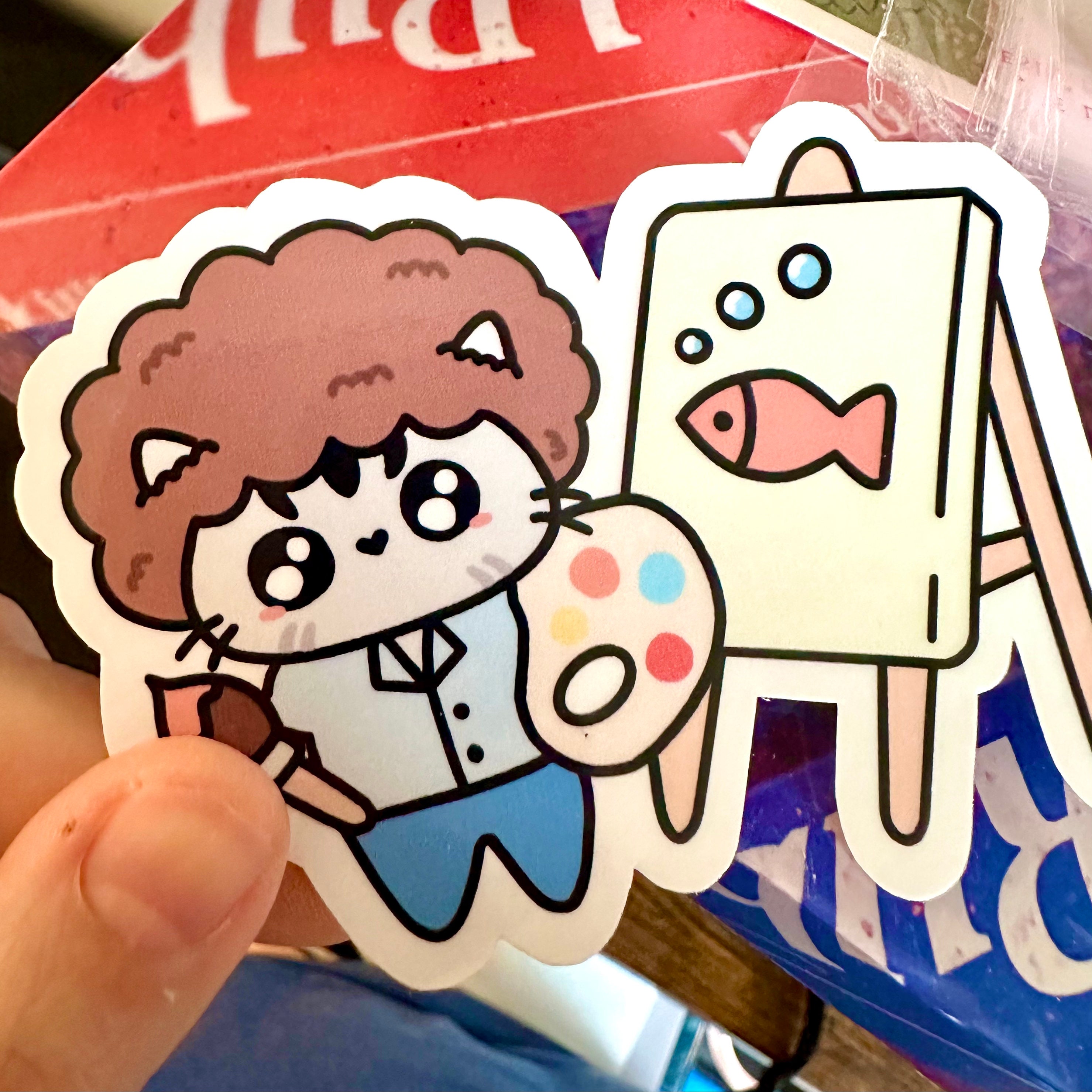 Bob Ross Cat Sticker, Funny Cat Stickers, Bob Ross Vinyl Sticker, Happy ...