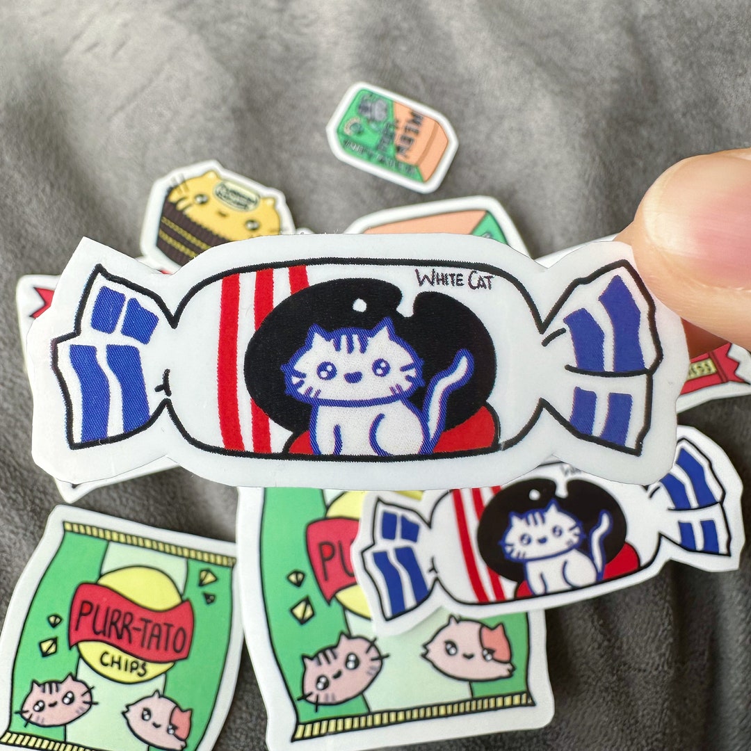 White Cat Candy Glossy Vinyl Sticker, Water Bottle Sticker, Car Decal ...