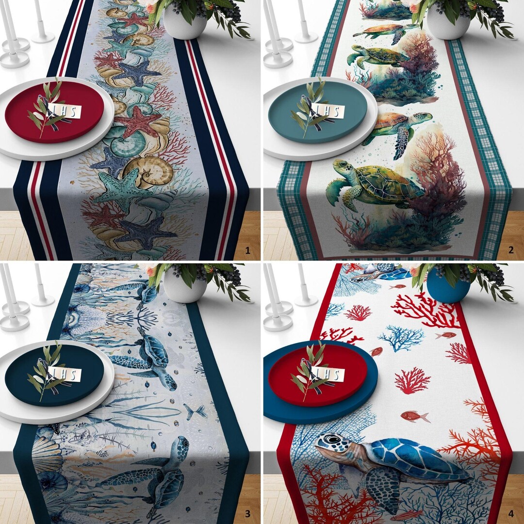 Sea Turtle Table Runner,ocean Life Table Topper,starfish Seashells ...