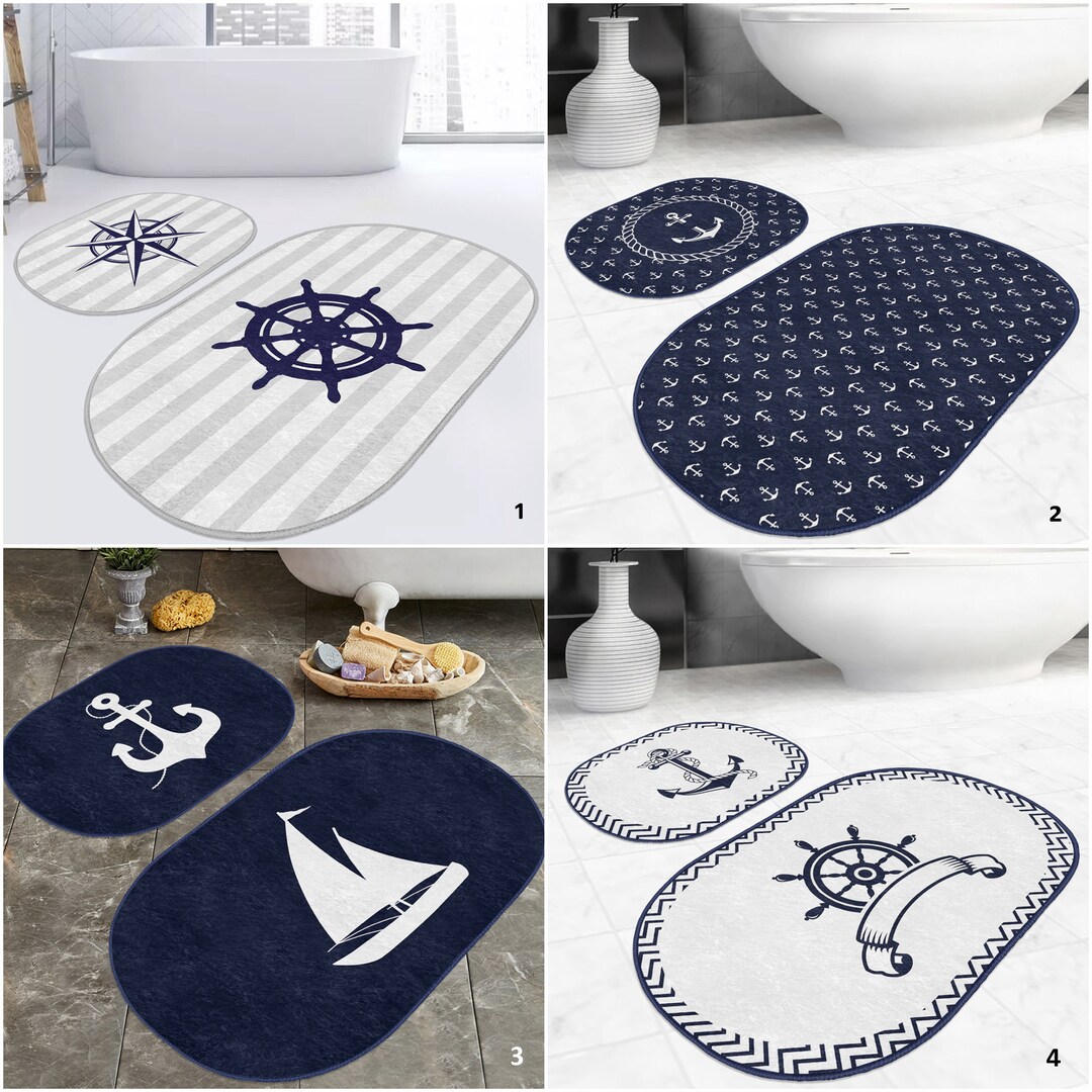 Set of 2 Nautical Bath Mat,anchor Bath Rug,non-slip Bathroom Decor,navy ...