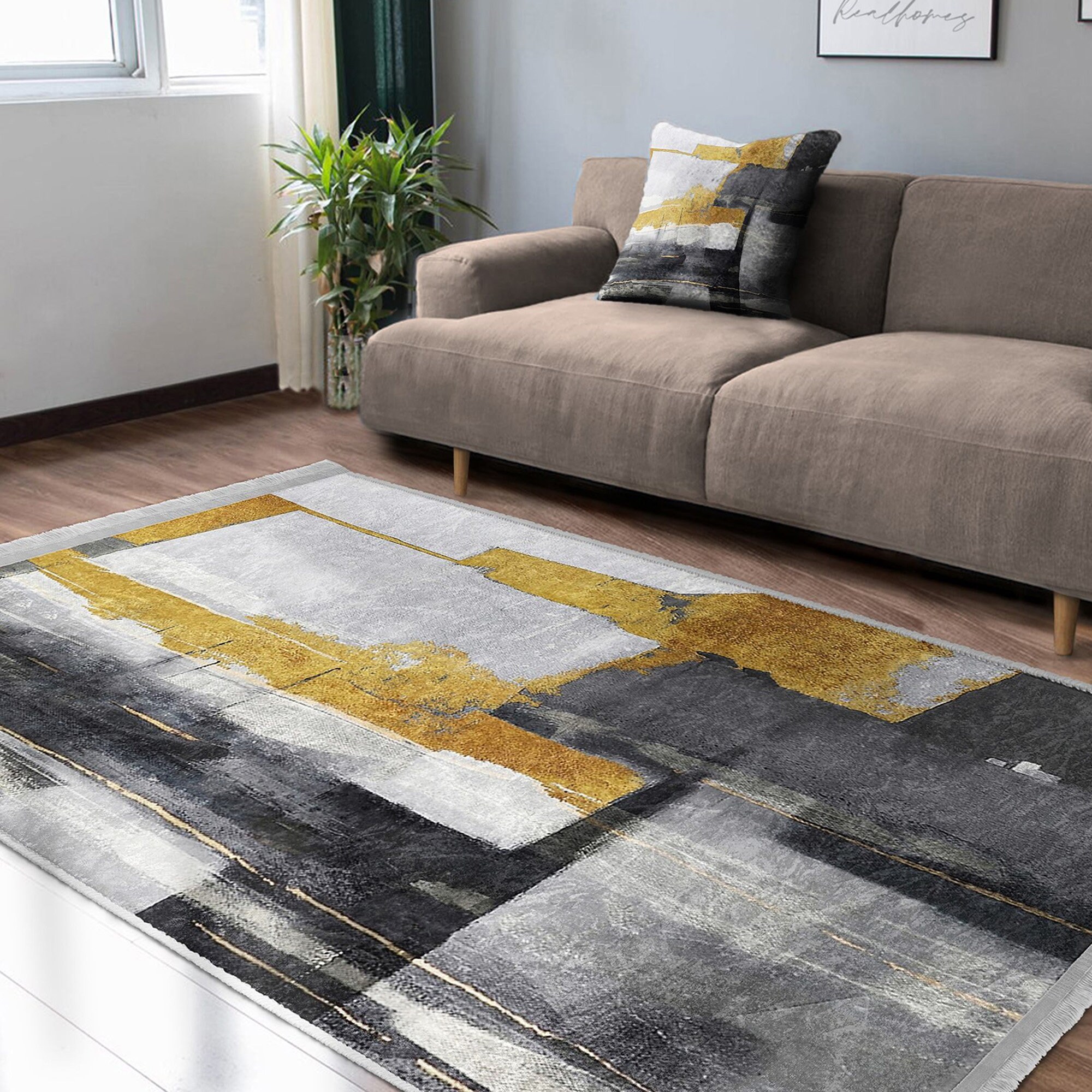 Abstract Hallway Rug,gray Yellow Carpet,machine-washable Fringed Non ...