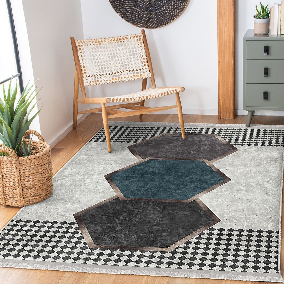 Hexagon Pattern Rug,geometric Area Rug,machine-washable Fringed Non ...