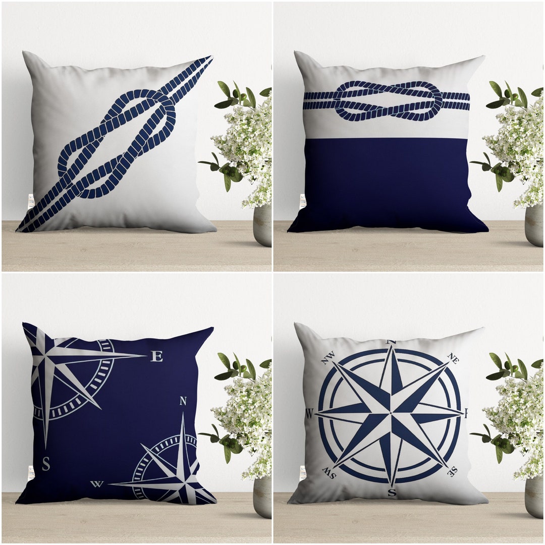 Navy Compass and Knot Print Cushion Cover,nautical Pillow Case,navy ...