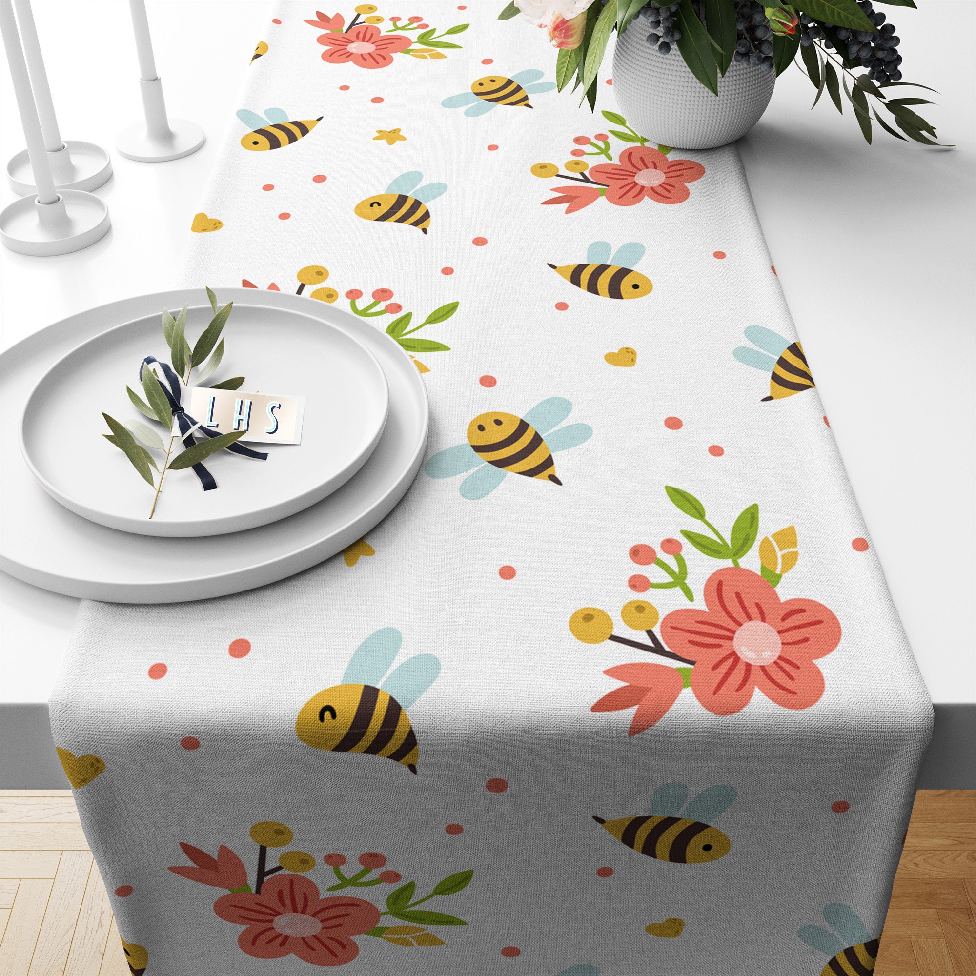 Floral Bee Runner,bee Table Runner,farmhouse Bee Print Tabletop ...