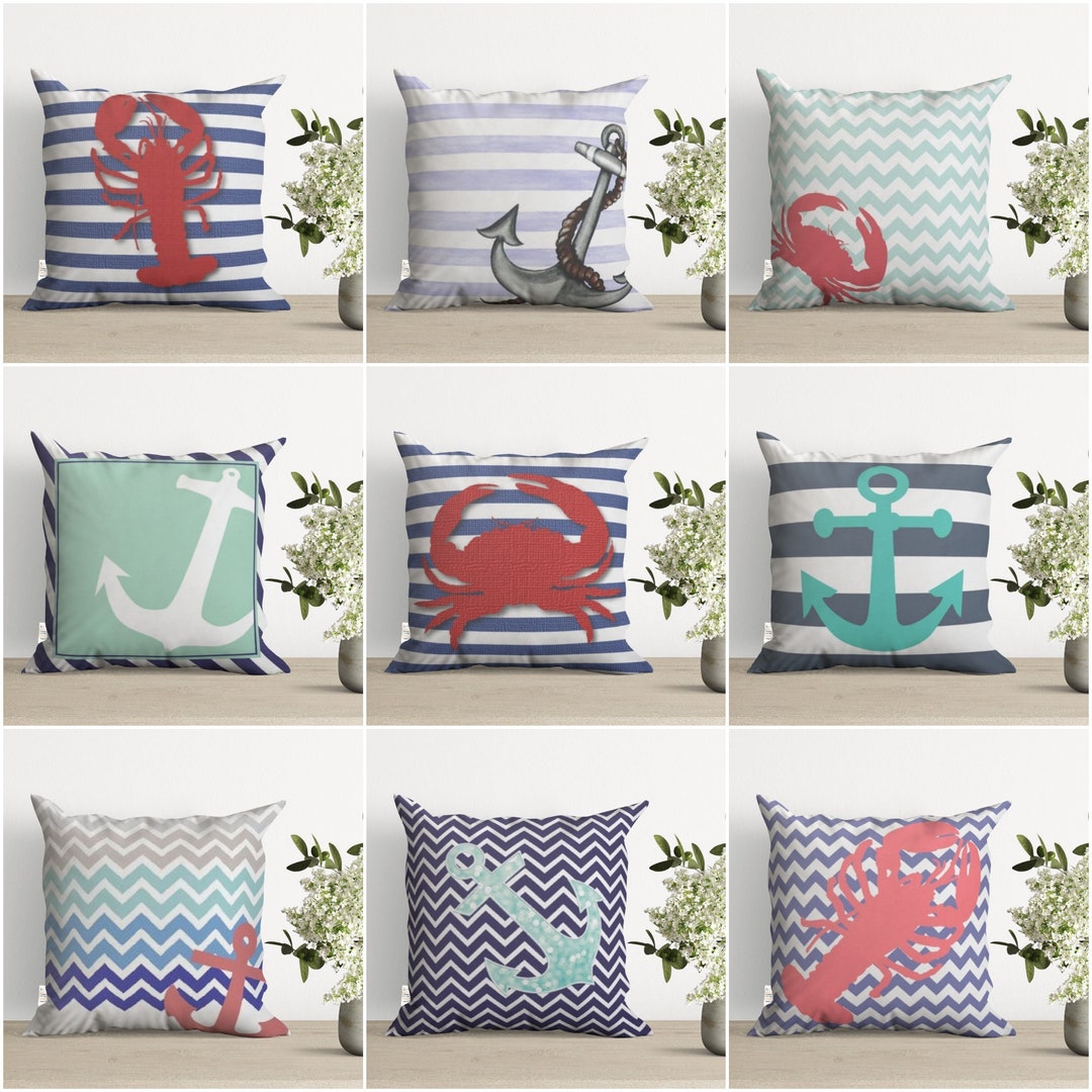 Nautical Pillowcase,crab and Lobster Coastal Throw Pillow Case,striped ...