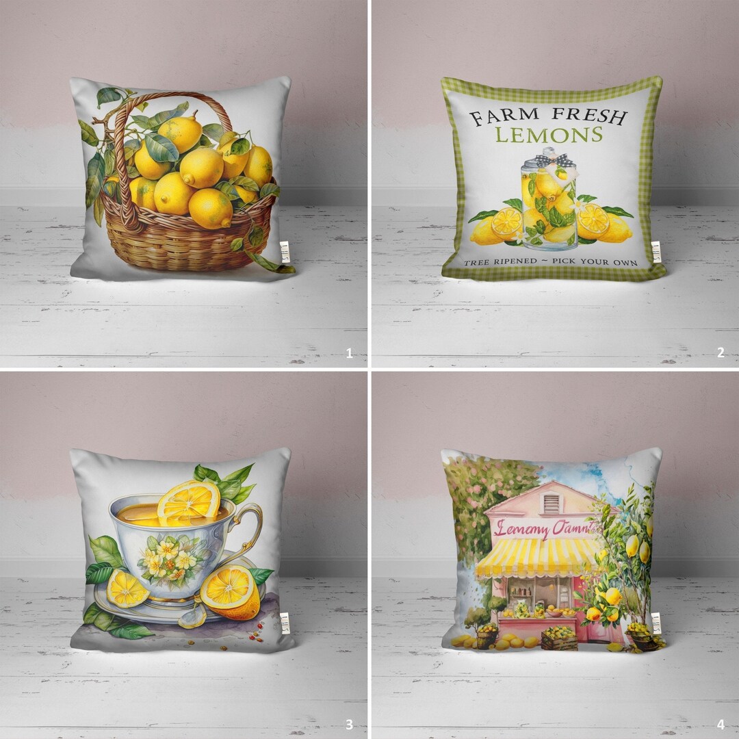 Floral Lemon Cushion Case,fresh Citrus Cushion Cover,botanical Pillow ...
