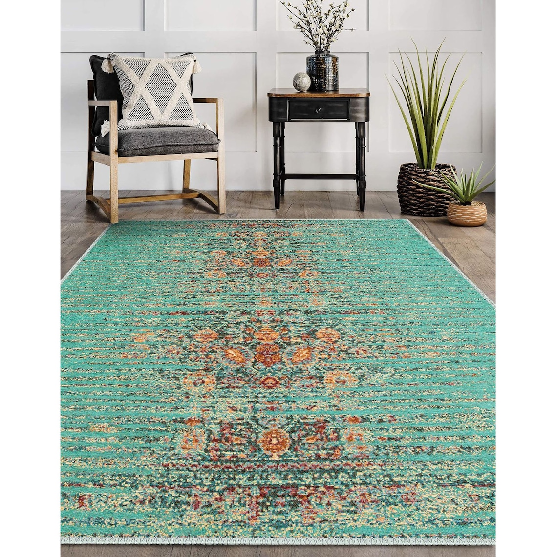 Turquoise Area Rug,boho Living Room Rug,ethnic Machine-washable Non ...