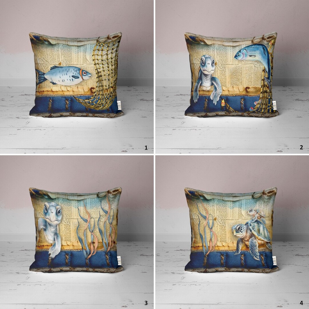 Nautical Pillow Sham,fishing Net and Fish Home Decor,seaweed Cushion ...