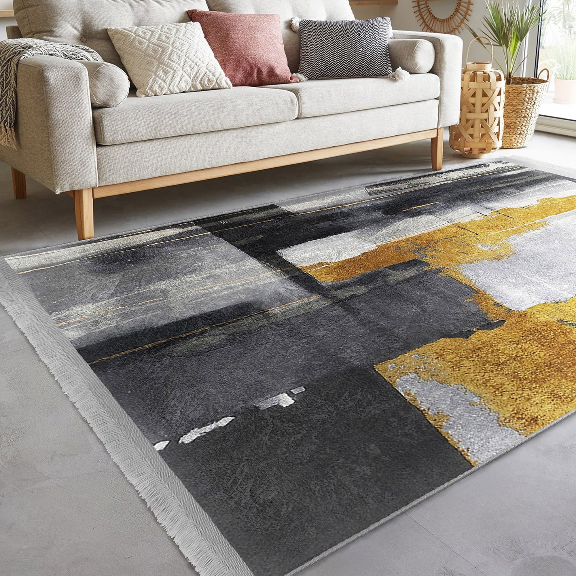 Abstract Hallway Rug,gray Yellow Carpet,machine-washable Fringed Non ...