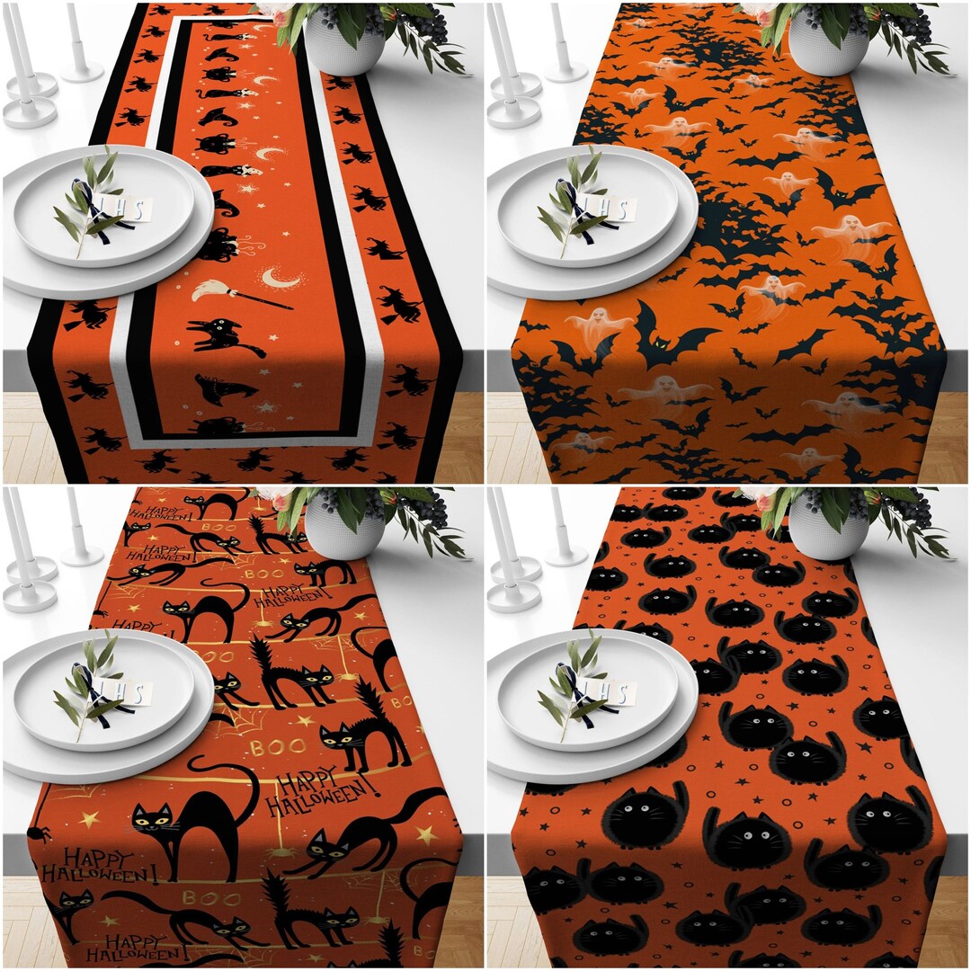 Halloween Tabletop,bat Print Table Runner,black Cat Tablecloth,scary ...